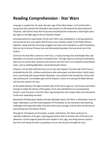 Star Wars Reading Comprehension Worksheet | Teaching Resources