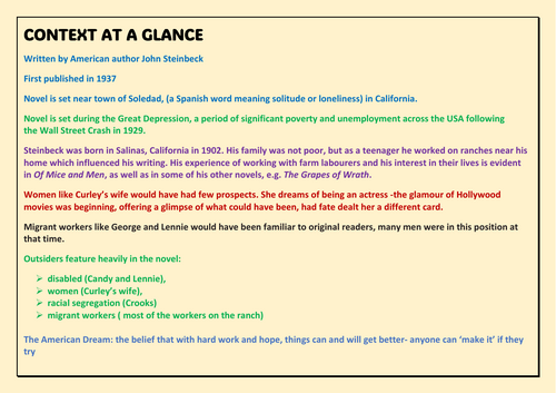 Revision Cards Of Mice and Men Context | Teaching Resources