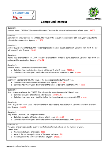 Compound Interest (Differentiated Worksheets) | Teaching Resources