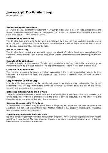 Javascript Do While Loop | Teaching Resources