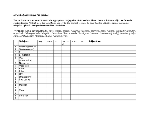 Ser and adjectives super-fast practice | Teaching Resources