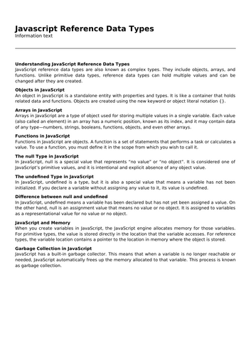 Javascript Reference Data Types | Teaching Resources