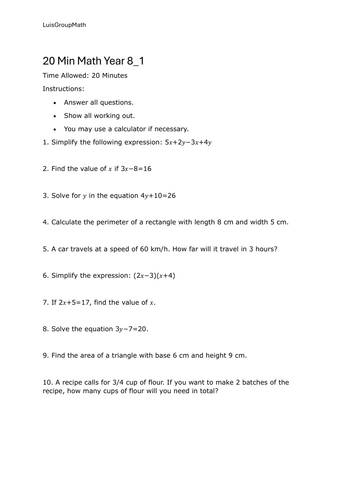 20 Min Math Year 8_1 | Teaching Resources