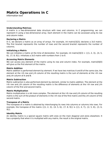 Matrix Operations in C | Teaching Resources