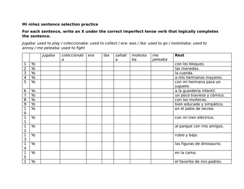 Mi niñez sentence selection practice | Teaching Resources