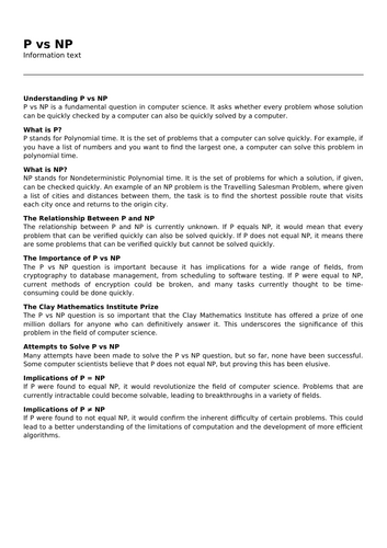 P vs NP | Teaching Resources