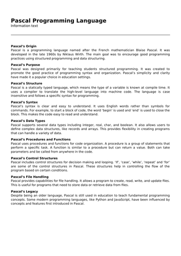 Pascal Programming Language | Teaching Resources