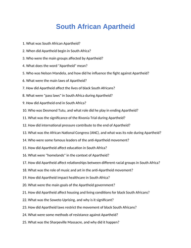 South African Apartheid : 60 Assessment Questions With Answers - Quiz ...