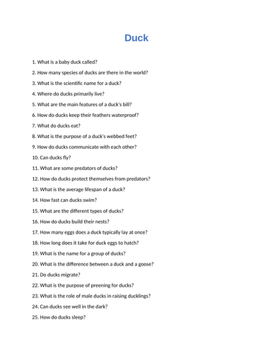 Ducks : 60 Assessment Questions With Answers - Quiz / Test | Teaching ...