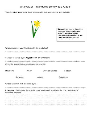 I Wandered Lonely as a Cloud- Worksheet | Teaching Resources