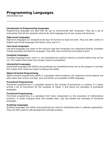 Programming Languages | Teaching Resources