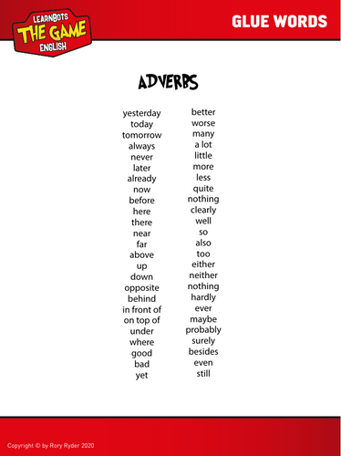 English GCSE glue words (adverbs, prepositions, conjunctions ...