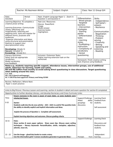 EDUCAS SECTION B AND QUESTION 1 GCSE EXAM OBSERVED LESSON PLAN ...