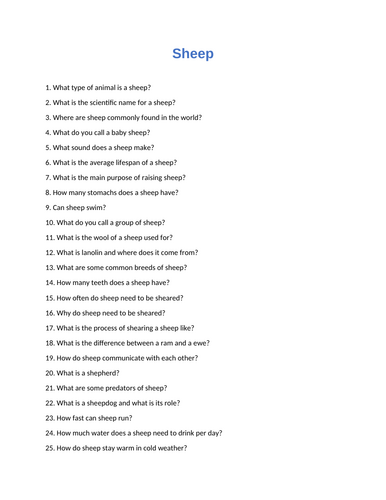 Sheep : 60 Assessment Questions With Answers - Quiz / Test | Teaching ...
