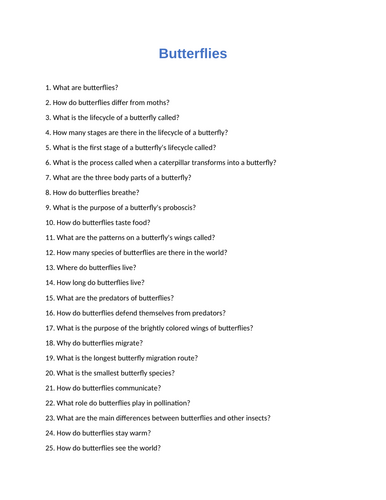 Butterflies : 60 Assessment Questions With Answers - Quiz / Test ...
