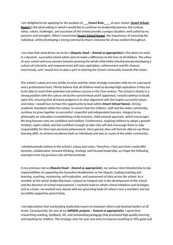Assistant/Deputy Head job application personal statement and covering ...