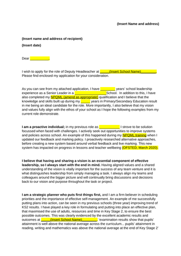 Assistant/Deputy Head job application personal statement and covering ...