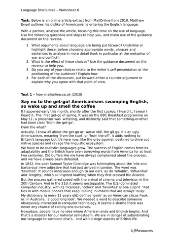 Language Discourses A Level Unit AQA Paper 2 Question 3 | Teaching ...