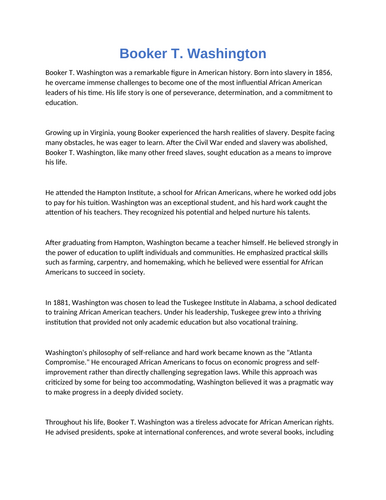 Booker T. Washington : Reading Comprehension Questions With Answers ...