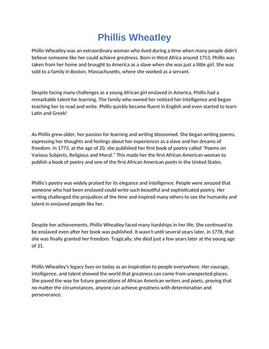 Phillis Wheatley : Reading Comprehension Questions With Answers - Quiz ...