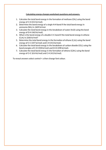 Calculating Energy changes worksheet KS4 questions and answers ...