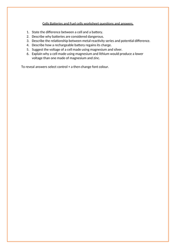 Cells, Batteries and Fuel Cells worksheet KS4 questions and answers ...