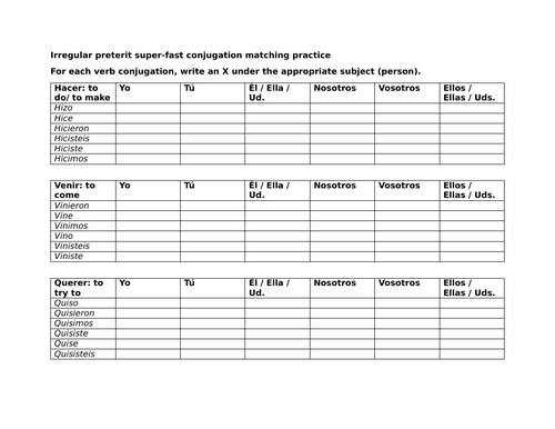 Irregular preterit super-fast conjugation matching practice | Teaching ...