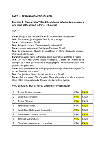 French assessment KS2 with Answers- School, physical description, time ...