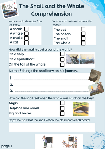 Comprehension Paper The Snail and the Whale | Teaching Resources