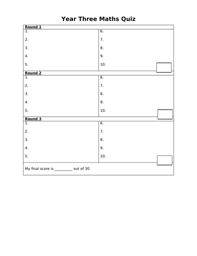 Year 3 Maths Quiz (End of Year/GL Prep) | Teaching Resources