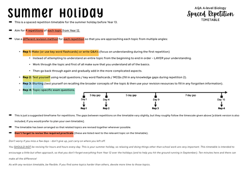 Spaced Repetition Timetable AQA A-level Biology Summer Holiday ...