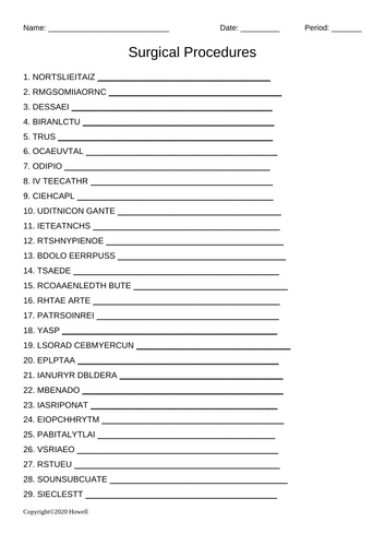 Surgical Procedures Word Scramble for Vet. Science Students | Teaching ...