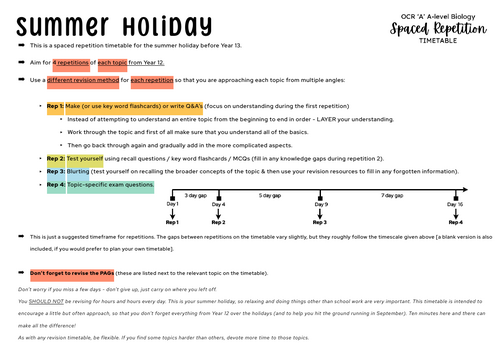Spaced Repetition Timetable OCR A-level Biology Summer Holidays ...