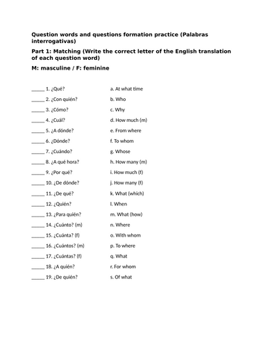 Question words and questions formation practice (Palabras ...