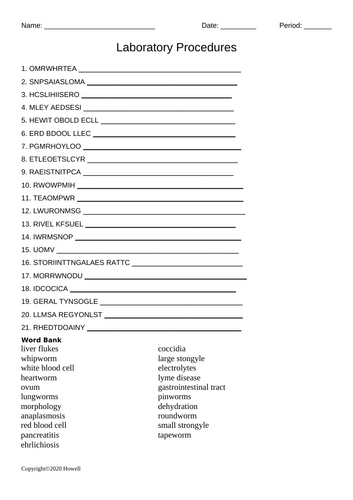 Laboratory Procedures Word Scramble for Vet. Science Students ...