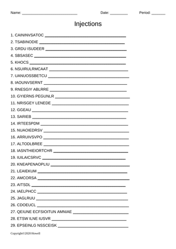 Injections Word Scramble for Vet. Science Students | Teaching Resources