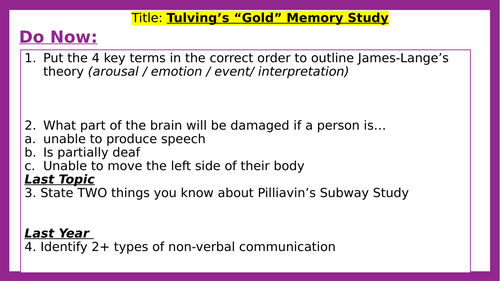 Tulving's Memory Gold Study | Teaching Resources