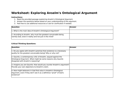 The Ontological Argument - Power point and a worksheet for KS5 RS A ...