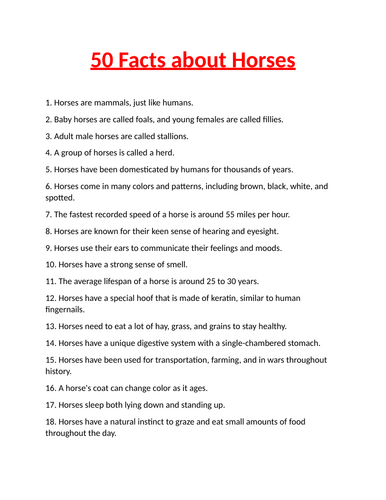 Let's learn about Horses: Did You Know 50 Fun Facts for kids | Teaching ...