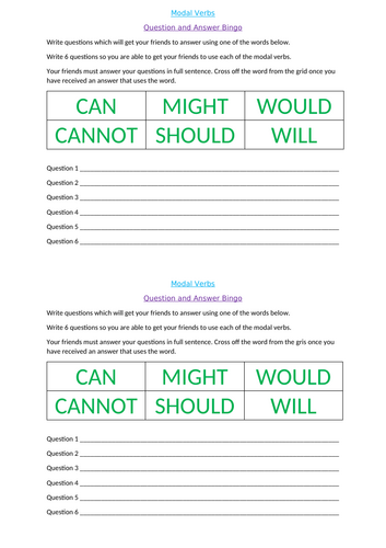 Modal Verbs (2 Lessons and Bingo worksheet) | Teaching Resources