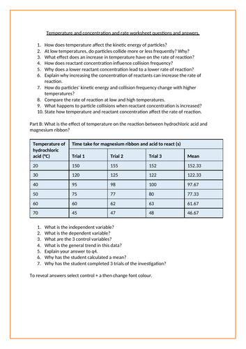 Temperature and concentration KS4 worksheet questions and answers ...