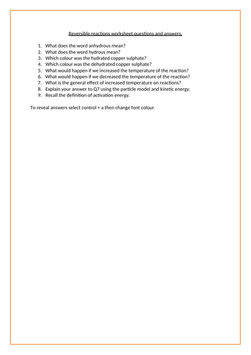 Reversible reactions worksheet KS4 questions and answers. | Teaching ...