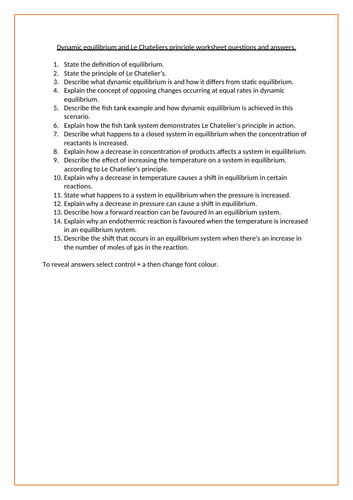 Dynamic equilibrium and Le Chatelier's principle KS4 worksheet ...