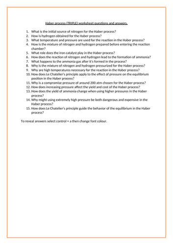 Haber process TRIPLE KS4 worksheet questions and answers. | Teaching ...