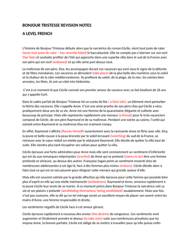 French A Level revision "Bonjour Tristesse" | Teaching Resources