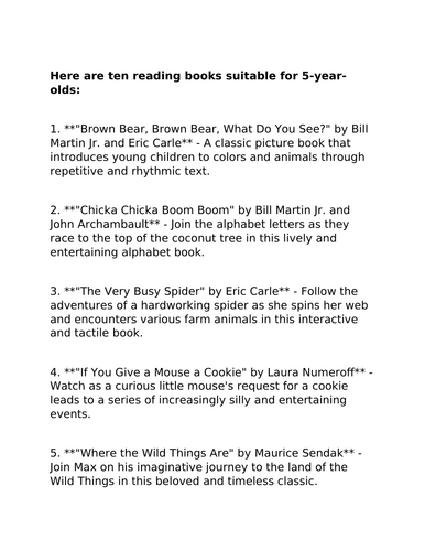 Suggested Reading Lists - 5yrs to 10 yrs | Teaching Resources