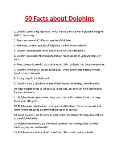 Let's learn about Dolphins: Did You Know 50 Fun Facts for kids | Teaching Resources