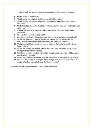 Crude oil, hydrocarbons and alkanes KS4 worksheet questions and answers ...