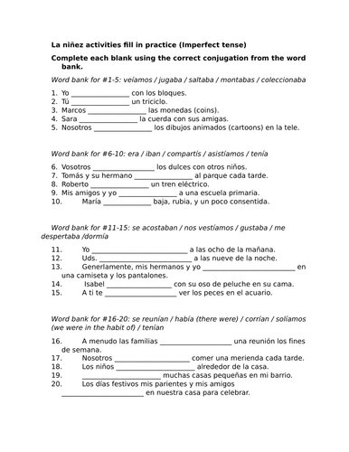 La niñez activities fill in practice (Imperfect tense) | Teaching Resources