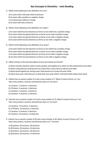 Ionic Bonding - Key Concepts Multiple Choice | Teaching Resources